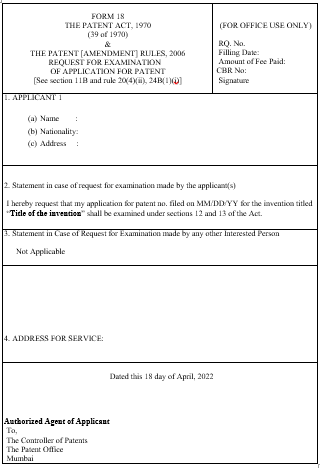 Indian Patent Form: FORM 18 (Request for Examination) - PATHtoIP